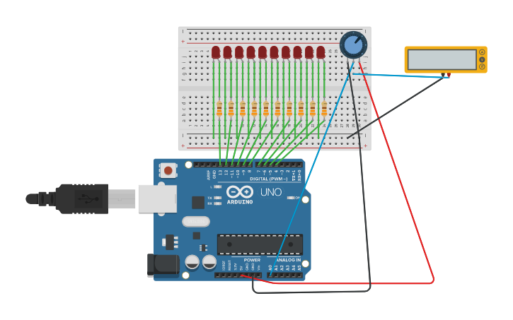 Circuit design Analog read to binary display | Tinkercad