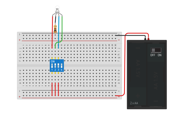 Circuit design Exercício 1: LED RGB em breadboard com interruptor DIP ...