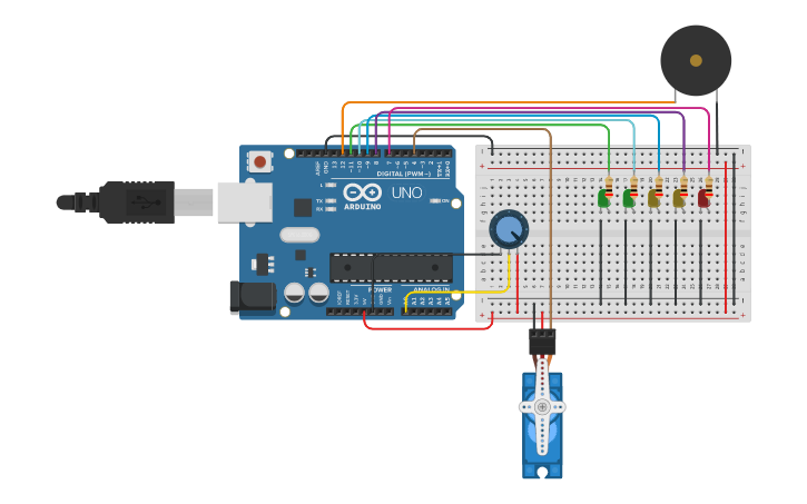 Circuit design Potenciômetro com Piezo e LEDs - Tinkercad