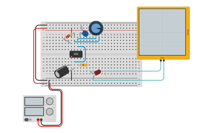 Circuit design 555 IC adjustable clock - Tinkercad