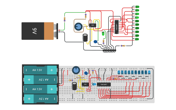 Circuit design LED Chaser using 4017 Counter and 555 Timer - Tinkercad