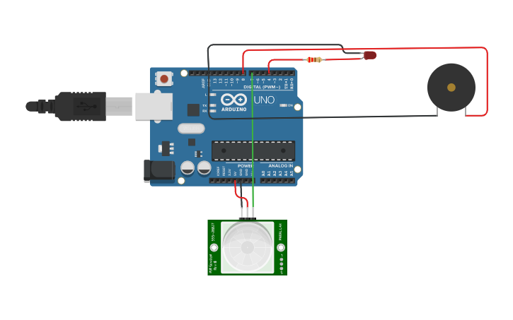 Circuit design HAREKET SENSÖRÜ-BUZZER | Tinkercad