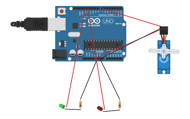 Circuit design Proyecto 7 Semáforo y barrera con placa Arduino - Tinkercad