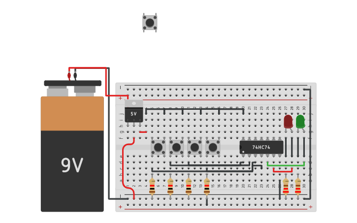 Circuit design D Flipflop using IC Packaged 7474 - Tinkercad