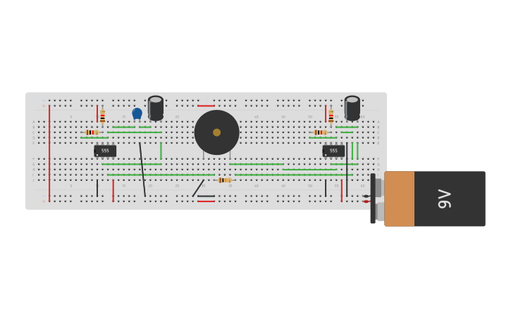 Circuit design police siren using 555 timer - Tinkercad