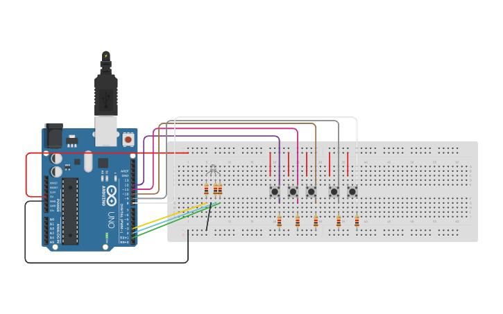 Circuit design Marcos 5 PULSADORES LED RGB - Tinkercad