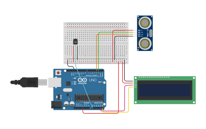 Circuit design 온도 및 초음파센서 + LCD 실습 - Tinkercad