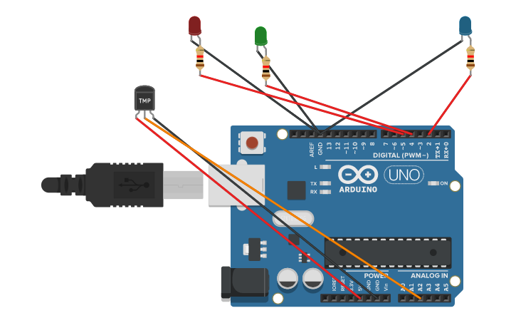 Circuit design Controlling led using temprature sensor | Tinkercad