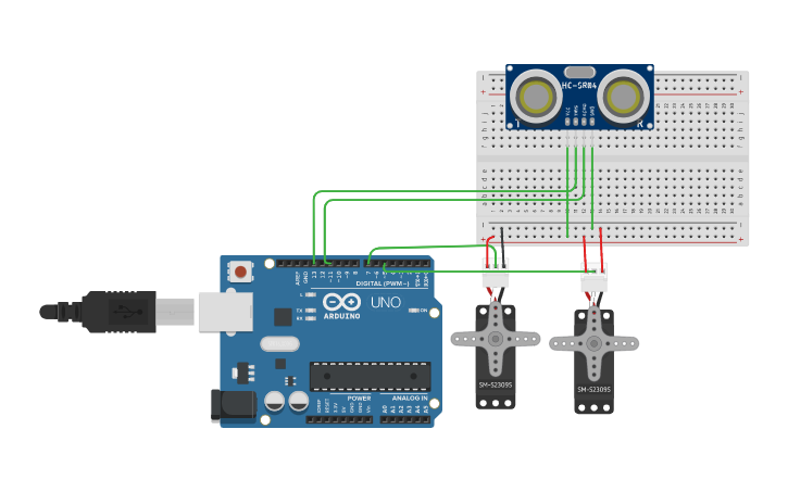 Circuit design : Controlling servo motor with ultrasonic sensor - Tinkercad