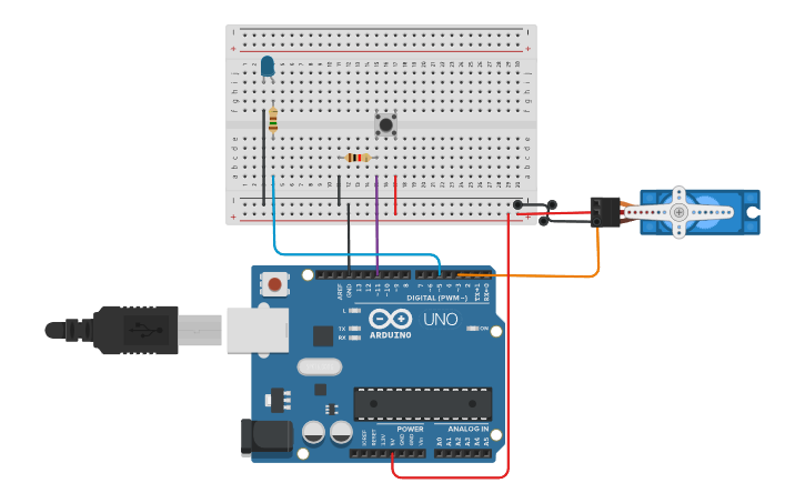 Circuit design botão inversor - dois leds c/ microservo - Tinkercad Circuit design botão inversor - dois leds c/ microservo - Tinkercad