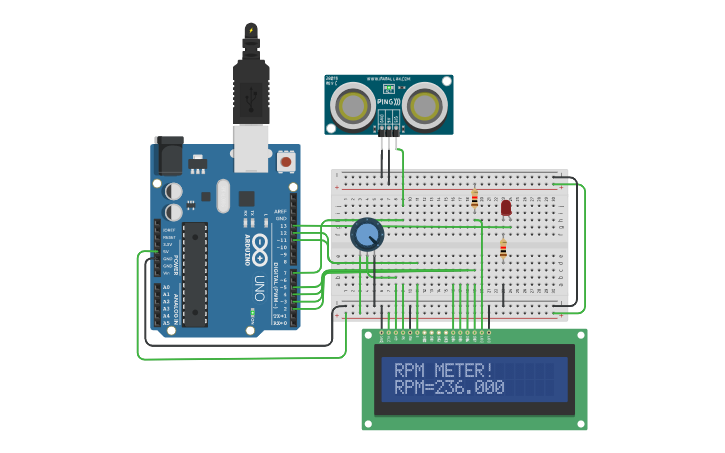 Circuit Design Rpm Meter Dengan Ultrasonik Sensor Tinkercad 