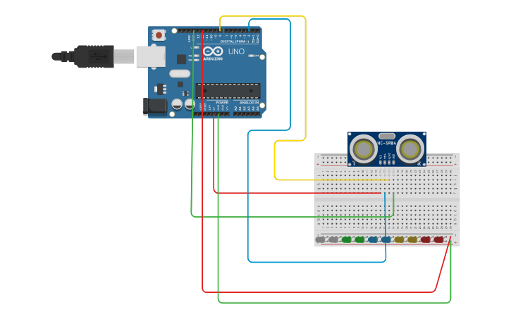 Circuit design Ultrasonic sensor blink LEDs - Tinkercad