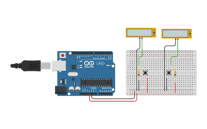 Circuit design 5.Pulsadores PullUp y PullDown - Tinkercad Circuit design 5.Pulsadores PullUp y PullDown - Tinkercad