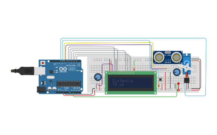 Circuit design Pantalla LCD, Sensor de Distancia y servomotor | Tinkercad