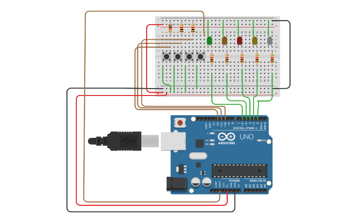 Circuit design Grupo 7_Secuencia de Led con pulsador | Tinkercad