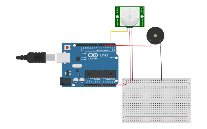 Circuit design Motion counter with buzzer - Tinkercad