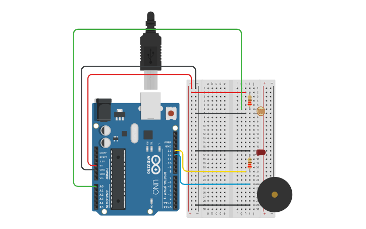 Circuit design photoresister Led Piezo - class 4 - Tinkercad