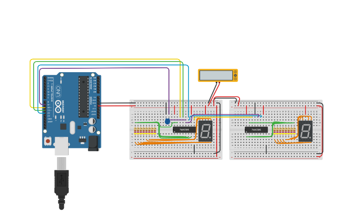 Circuit design Seven Segment using 74HC595 - Tinkercad