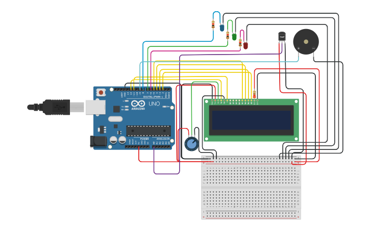 Circuit design Arduino with LCD, Temperature sensor, LED, and Piezo - Tinkercad