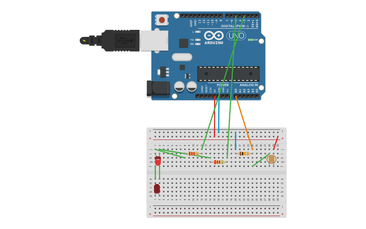Circuit design LDR controlled balcony lights | Tinkercad