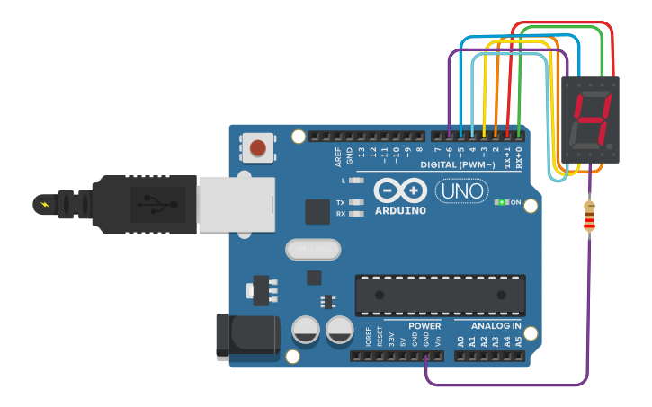 Circuit design 7 segment display(0-f) common cathode - Tinkercad