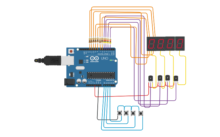 Circuit design 4 digit 7 segment - Tinkercad
