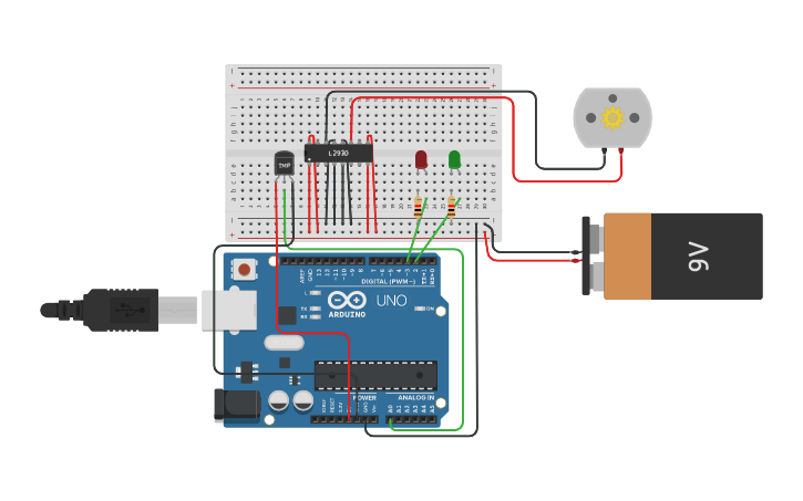 Circuit design TMP36 Temperature Sensor With motor and Arduino QUIZ 3 - Tinkercad