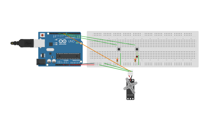 Circuit design servomotor con botones | Tinkercad
