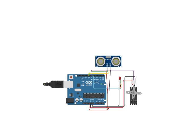 Circuit design Ultrasonic + LED + Servo - Tinkercad