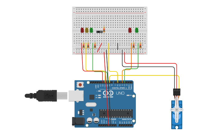 Circuit design SERVO TRAFFIC LIGHTS - Tinkercad