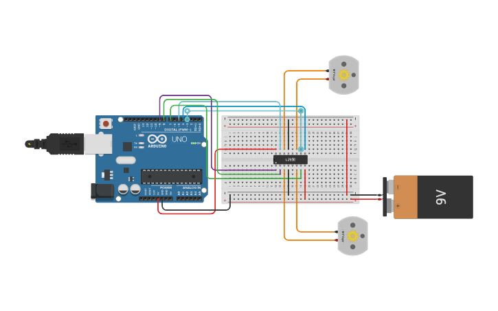 Circuit design Module L293D, động cơ giảm tốc - Tinkercad