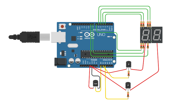 Circuit design 7 segmentos arduino duplos | Tinkercad