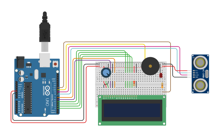Circuit design Parking Sensor with LCD - Tinkercad