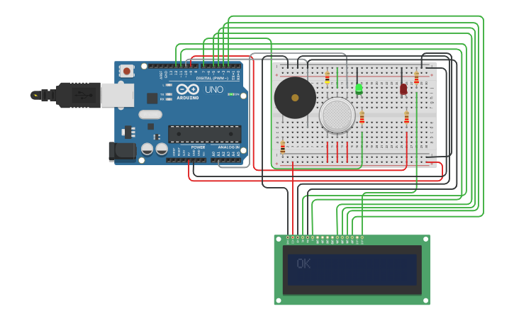 Circuit design Gas Sensor, Buzzer with LED - Tinkercad