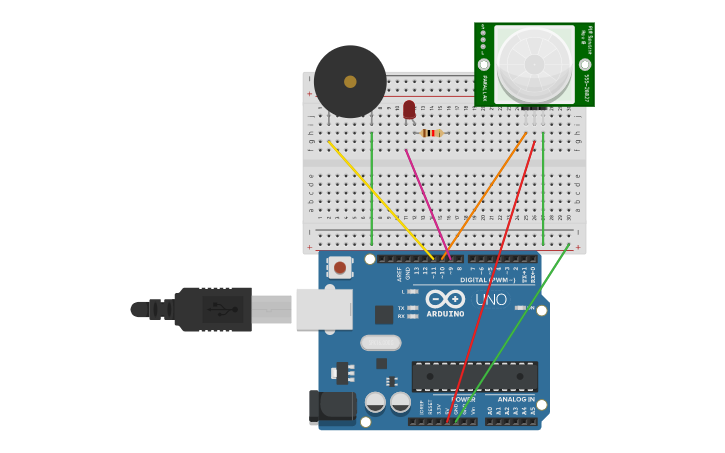 Circuit design PIR , BUZZER VE AMPUL | Tinkercad