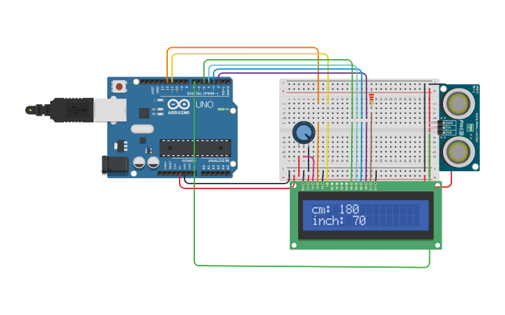 Circuit design ULTRASONIC SENSOR WITH LCD - Tinkercad