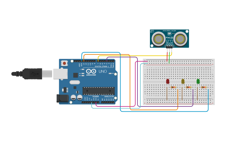 Circuit design LED AND ULTRASONIC - Tinkercad