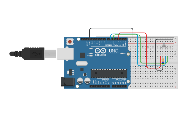Circuit design CHALLENGE RGB LED: YELLOW-PURPLE-BROWN - Tinkercad