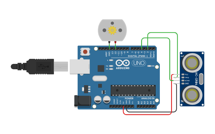 Circuit design sensor ultrasonico com motor dc - Tinkercad