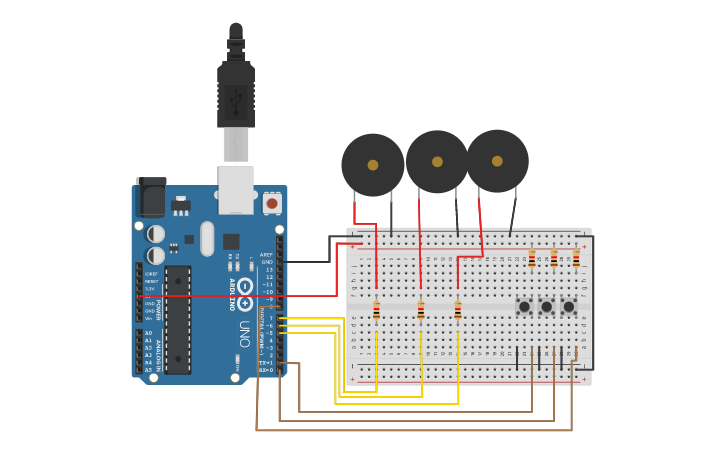 Circuit design piezo sonidos con pulsadores | Tinkercad