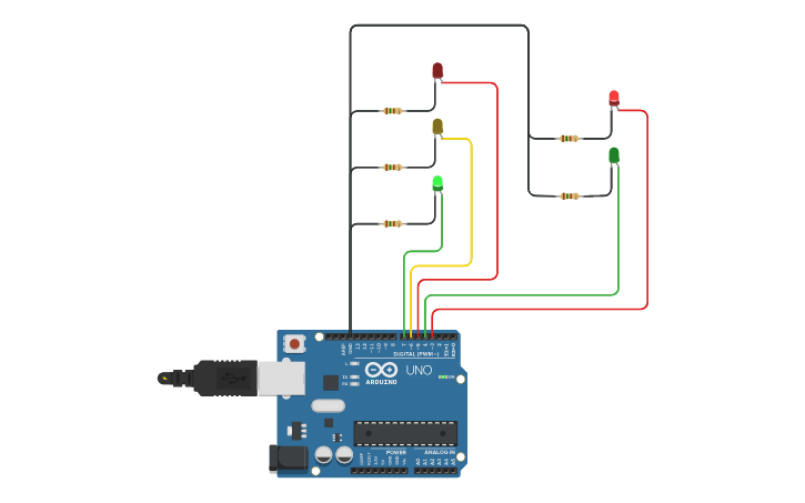 Circuit design Semáforo pedestre | Tinkercad