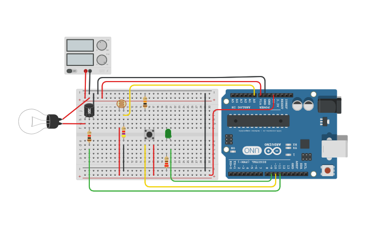 Circuit design 12V lamp control with LDR and button - Tinkercad