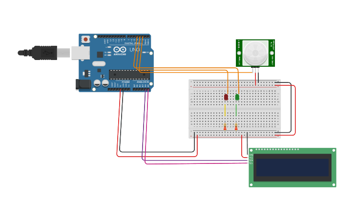 Circuit design PIR Motion sensor with LCD - Tinkercad