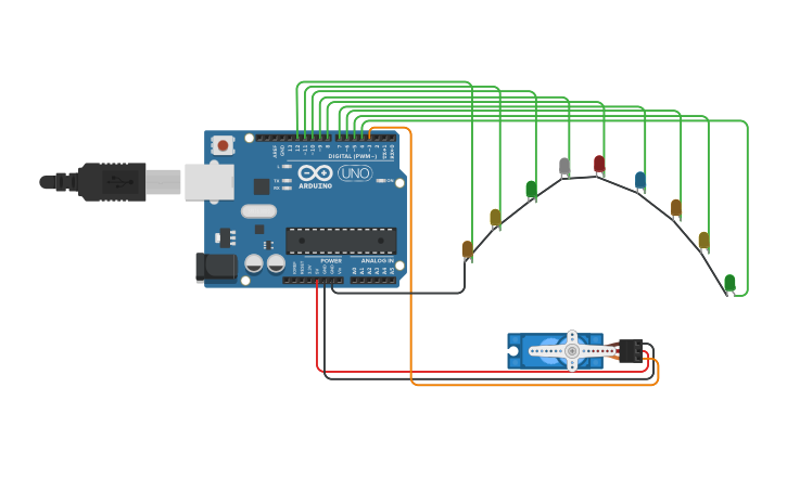 Circuit design servo leds - Tinkercad