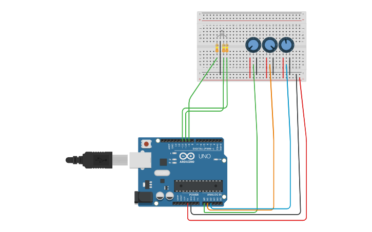 Circuit design Arduino RGB - Color Mixer Potentiometer - Tinkercad