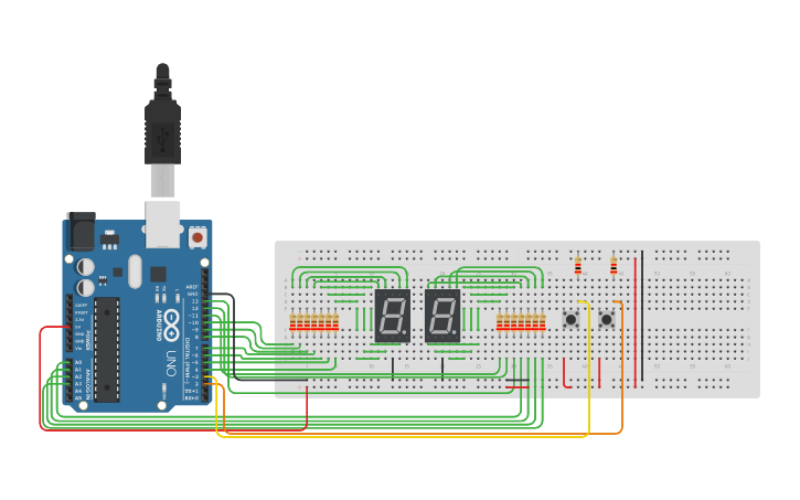 Circuit design Ejercicio - contador 2 dígitos - Tinkercad