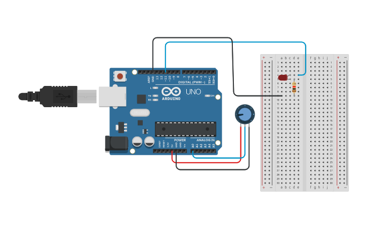 Circuit design Controlling LED brightness via Potentiometer - Tinkercad