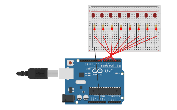 Circuit design งานที่ 1 Arduino ไฟกระพริบ 8 หลอด - Tinkercad