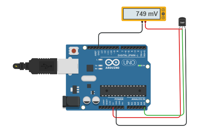 Circuit design Ejemplo Sensor Temp TMP36 - Tinkercad