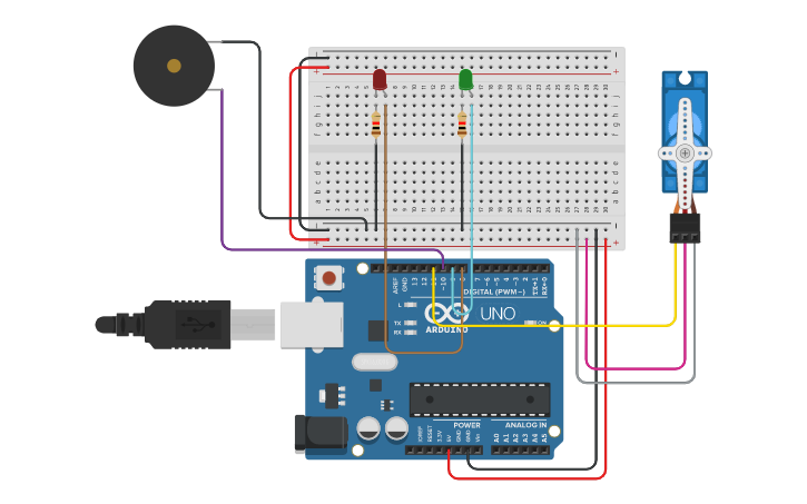 Circuit design Cancela com Buzzer e Led's | Tinkercad
